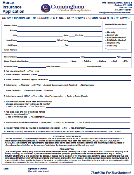 Insurance Forms | Single Horse Application