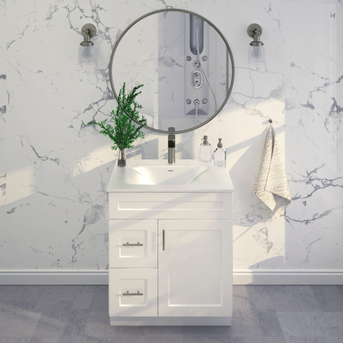 White Shaker 30 Inch Bathroom Vanity with Solid Wood Doors & Soft Close ...