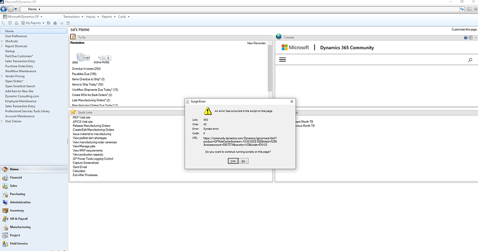 Dynamics GP Home Page Script Errors Dynamics GP Home Page Script Errors