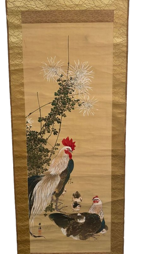 Meiji Japanese Scroll Painting of Silver Phoenix Rooster, Hen, and Baby ...