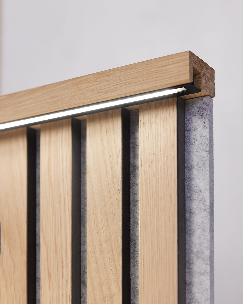 Slat wall external oak veneered corners & Stop ends | Natural Walling