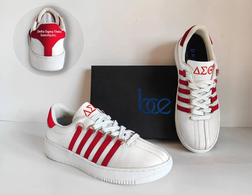 ΔΣΘ White/Red Genuine Leather Athletic Shoes | b.c.e. Custom Shoes