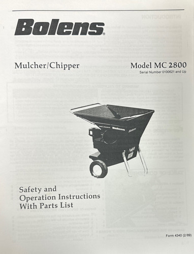 Bolens MC2800 Chipper Manual | Sam's Bolens, LLCBolens MC2800 Chipper ...