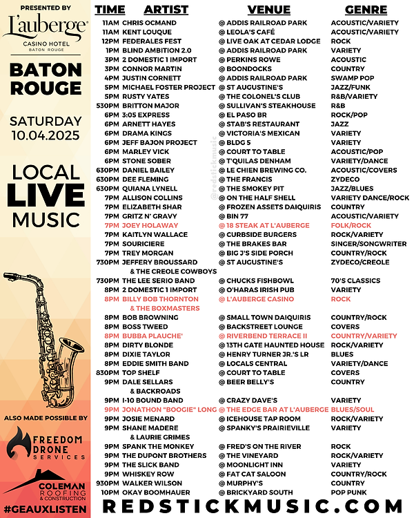 Weekend Live Music Lineup Baton Rouge | Red Stick Music