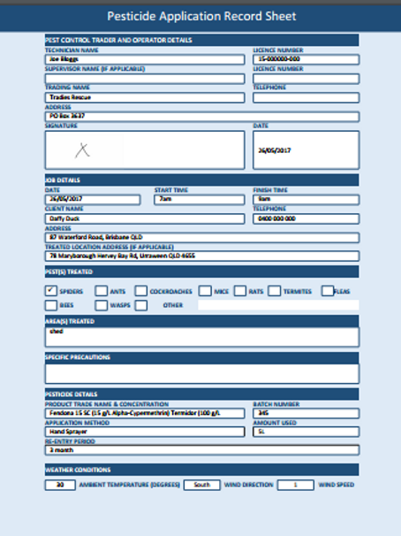 Pesticide Application Record Sheet | tradiesrescue