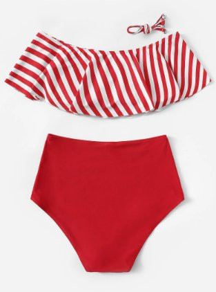 Retro Ruffle Top Bikini in Red Stripe