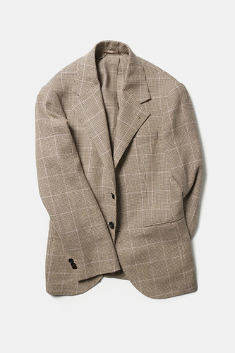 Beige Check Single Breasted Linen Jacket | Prologue