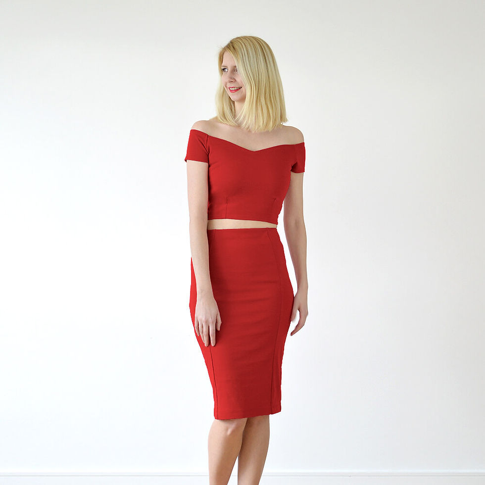 Audrey Pencil Skirt and Crop Top Two Piece Dress Set in Red