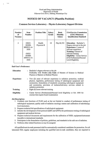 [JOB OPPORTUNITY] One (1) Health Physicist (HP) IV, One (1) HP 3, Two ...