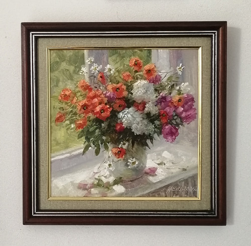 "Bouquet with poppies" 2025, original, oil, 21x21cm | Art Kalyna