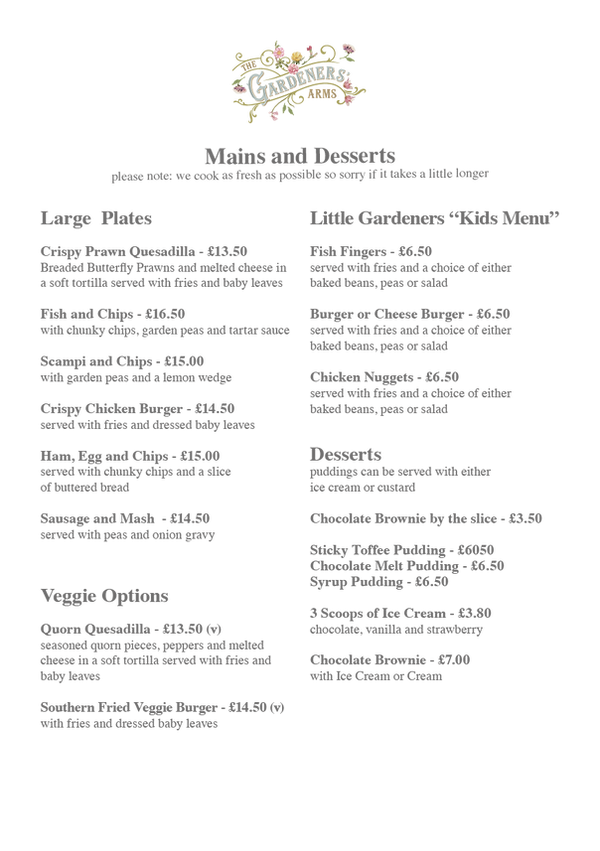 Menu | The Gardeners Arms