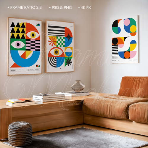 Three frames mockup for posters 2x3 ratio in mid-century living room ...