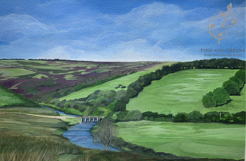Landacre Bridge 9"x 6" print in an A4 card mount | Pink and Greens