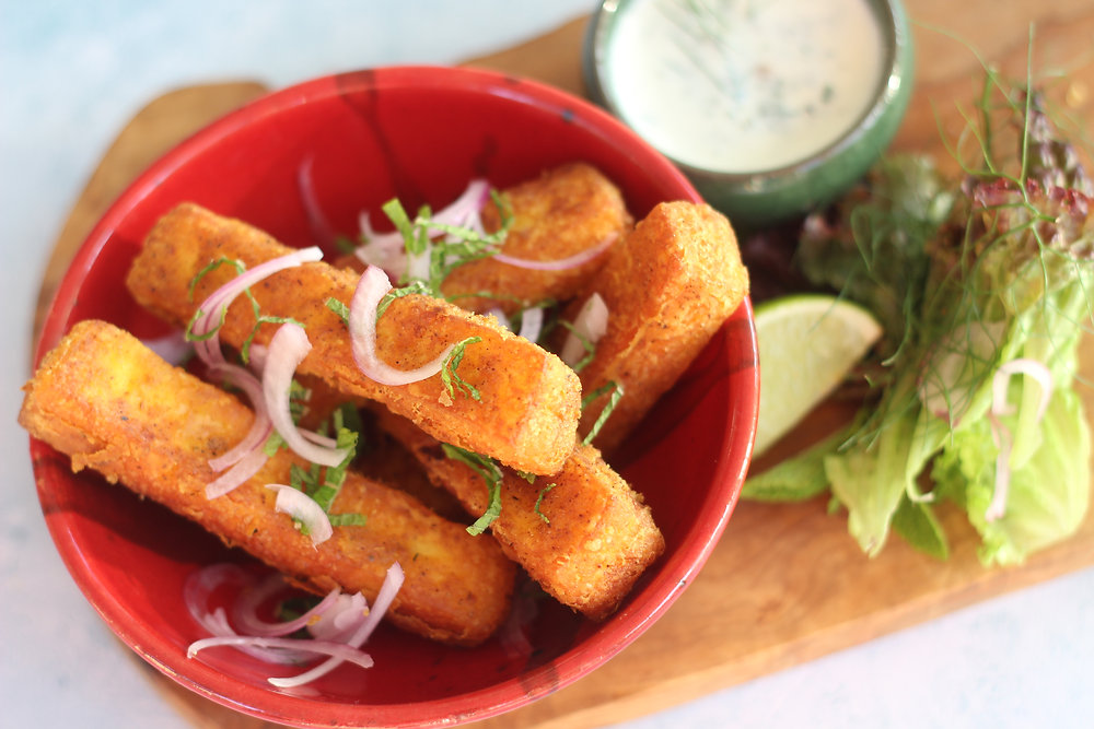 Spiced Burns fries with honey and herb yogurt dip