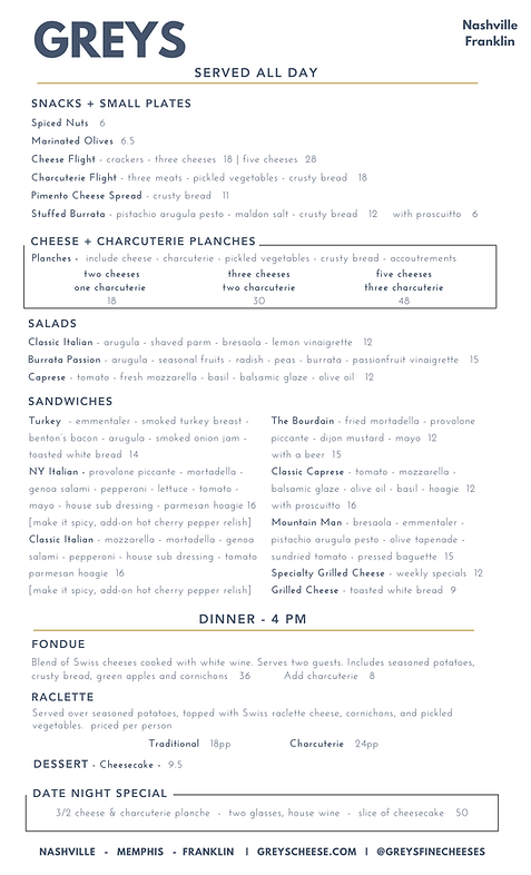 Nashville Menu | GREYS Fine Cheeses