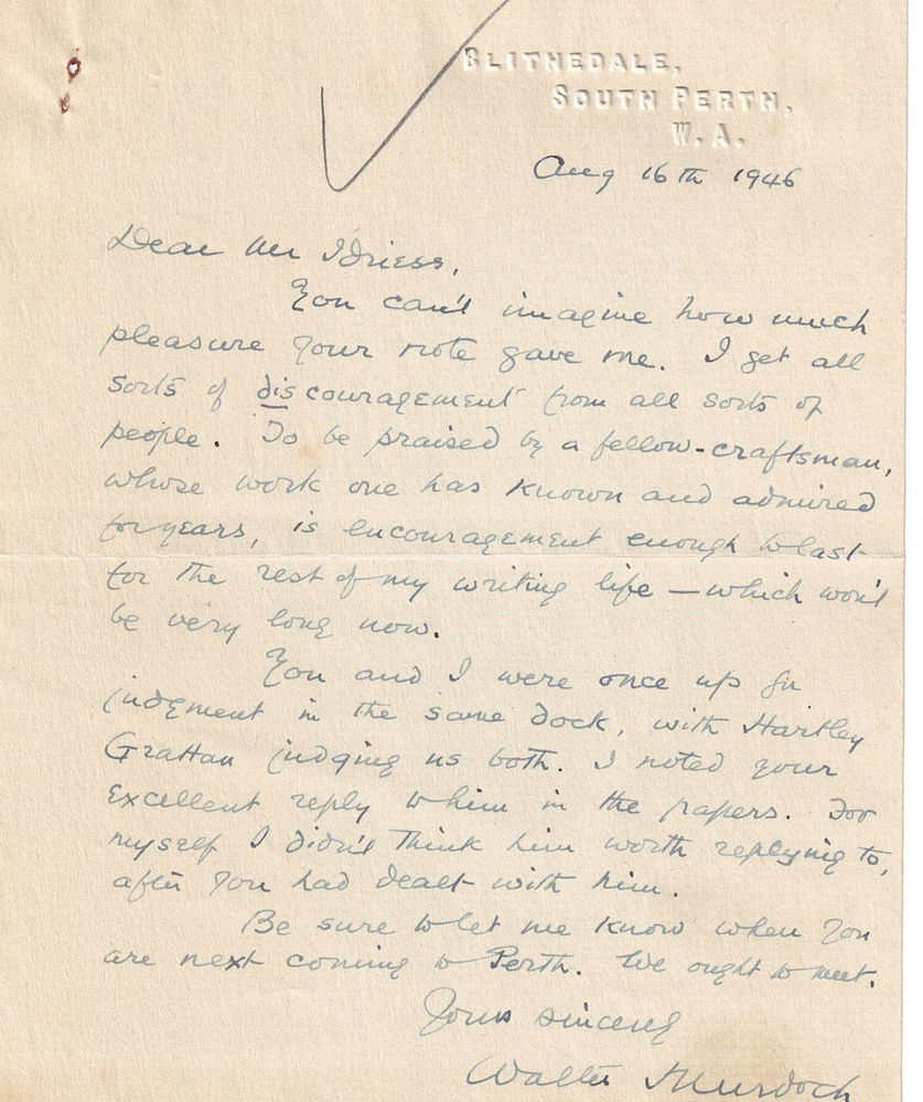 Walter Murdoch Letters to Idriess 1946 | idriess