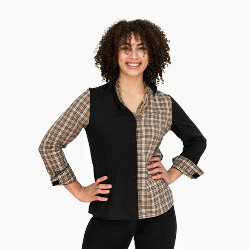 Black with Tan Color-Blocking Velcro Closures Long Sleeve Blouse ...