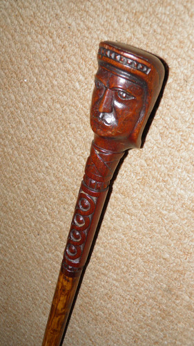 Antique Arab Walking Stick - Hand-Sculpted Man Head & Patterned Top ...