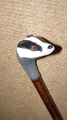 Vintage Rustic Birch Walking Stick - Hand-Sculpted & Painted Badger ...