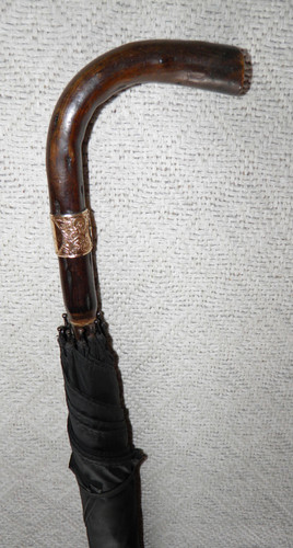 Antique Black Umbrella Rustic Bramble Crook Handle Ornate Repousse Gold ...