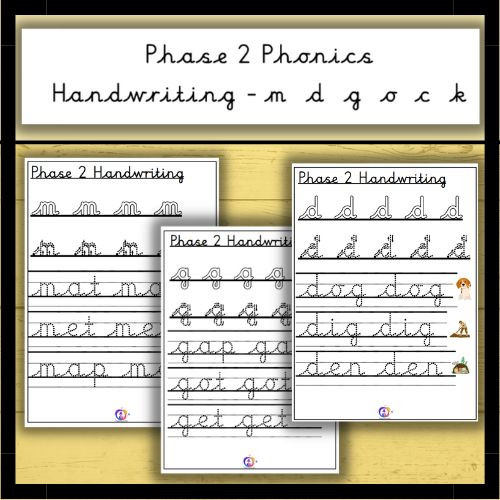 Phase 2 Phonics m-d-g-o-c-k cursive handwriting sheets ...