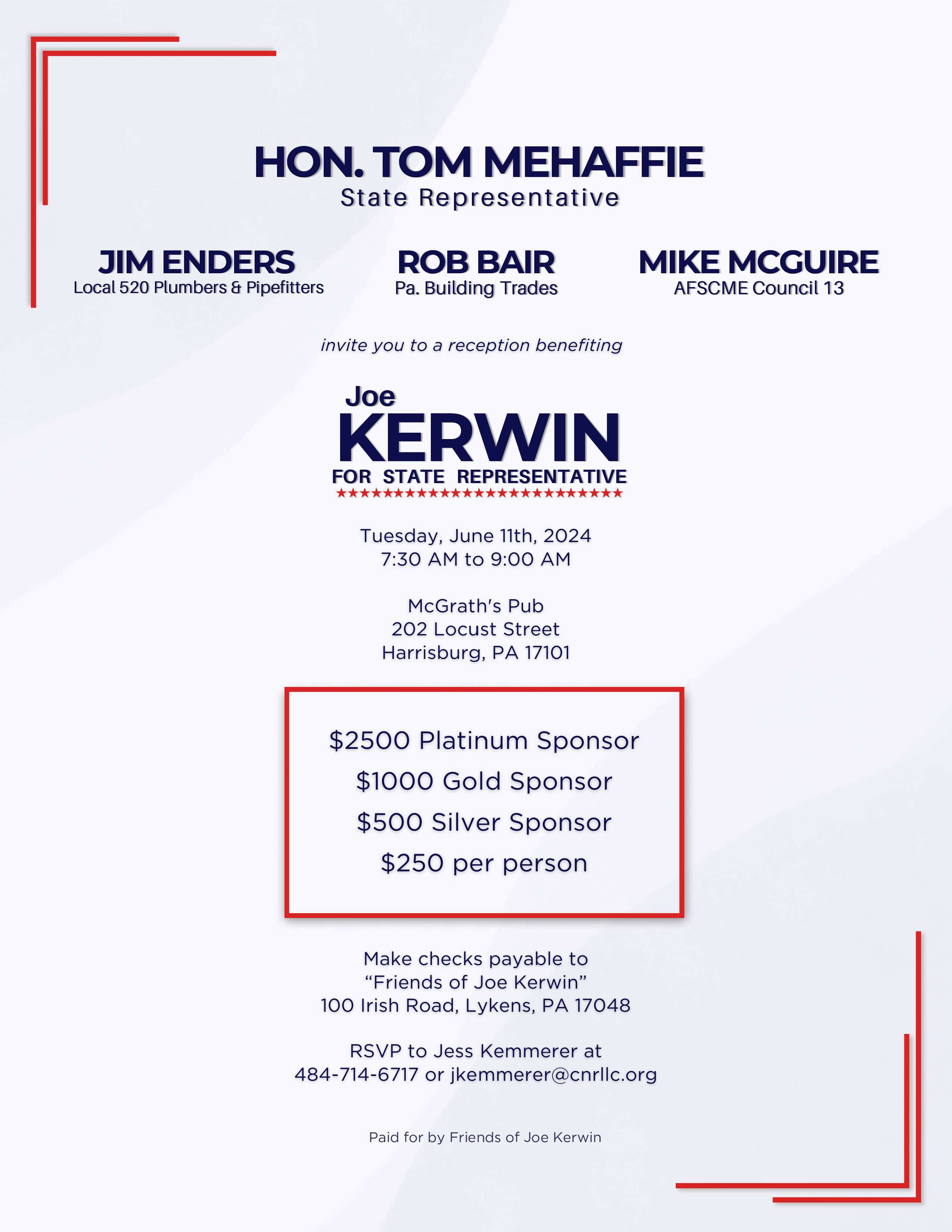 You Are Invited To A Reception In Support Of Representative Joe Kerwin ...
