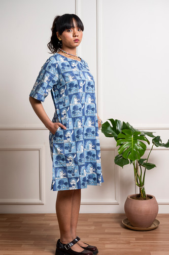 Indigo Cotton Shift Dress with Artistic Prints | WildMoss