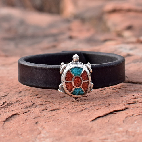 Leather Cuff with Sterling Silver and Chip Inlay Old Pawn Turtle ...