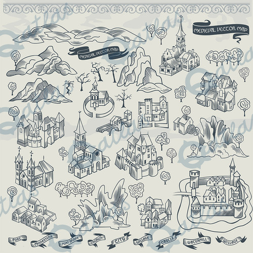 Medieval woodcut map builder vector illustrations | qatlasmap.com
