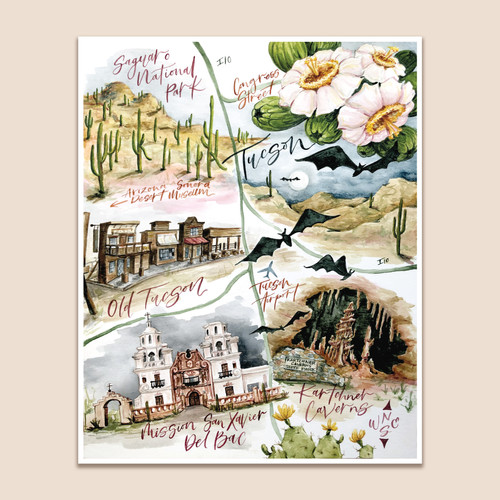 Map of Tucson Landmarks Watercolor 8x10 Art Print | Spindles Design Co.