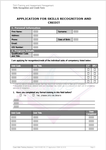 RPL and Credit (CT) Application FORM | Coast Wide Training