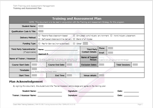 Training and Assessment Plan for Students TEMPLATE | Coast Wide Training