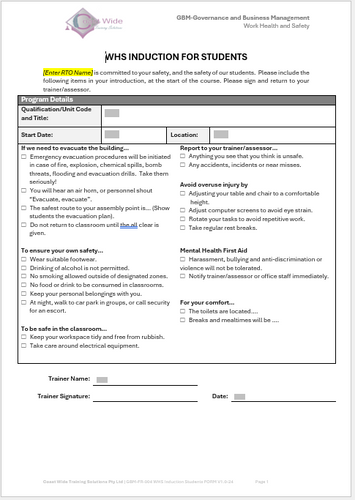 WHS Induction for Student FORM | Coast Wide Training