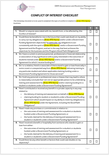 Conflict of Interest Checklist FORM | Coast Wide Training
