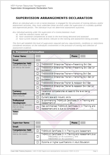 Supervision Arrangements Declaration FORM | Coast Wide Training