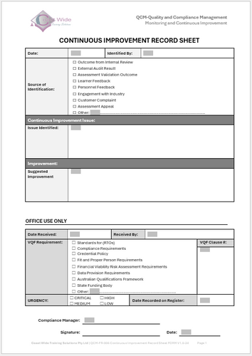 Continuous Improvement Record Sheet FORM | Coast Wide Training
