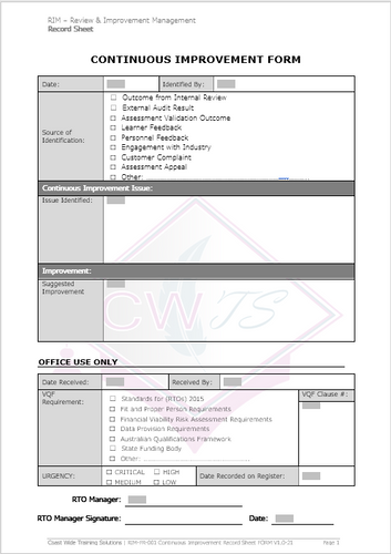 Continuous Improvement Record Sheet FORM | Coast Wide Training