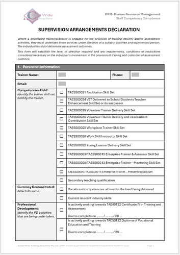 Supervision Arrangements Declaration FORM | Coast Wide Training