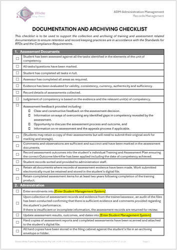 Documentation and Archiving Checklist FORM | Coast Wide Training