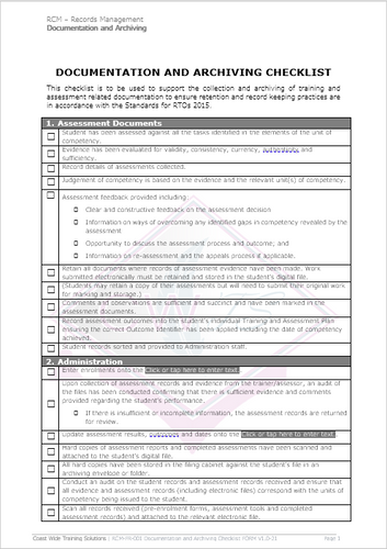 Documentation and Archiving Checklist FORM | Coast Wide Training