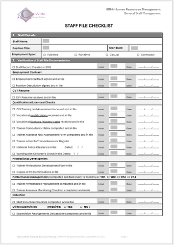 Staff File Checklist FORM | Coast Wide Training