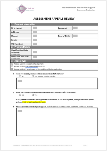 Assessment Appeals Review FORM | Coast Wide Training