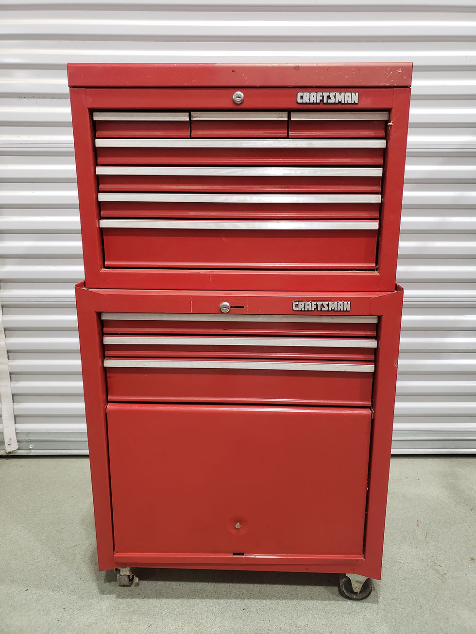 Cherry Red Two-Piece Craftsman Toolchest on Rolling Wheels – 9 Drawer ...