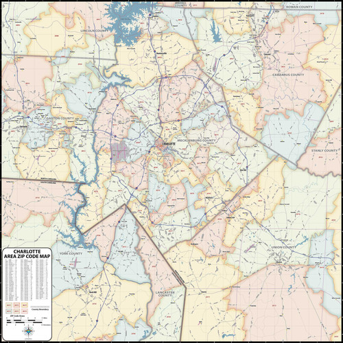 Charlotte Area ZIP Code Laminated Wall Map | topographics