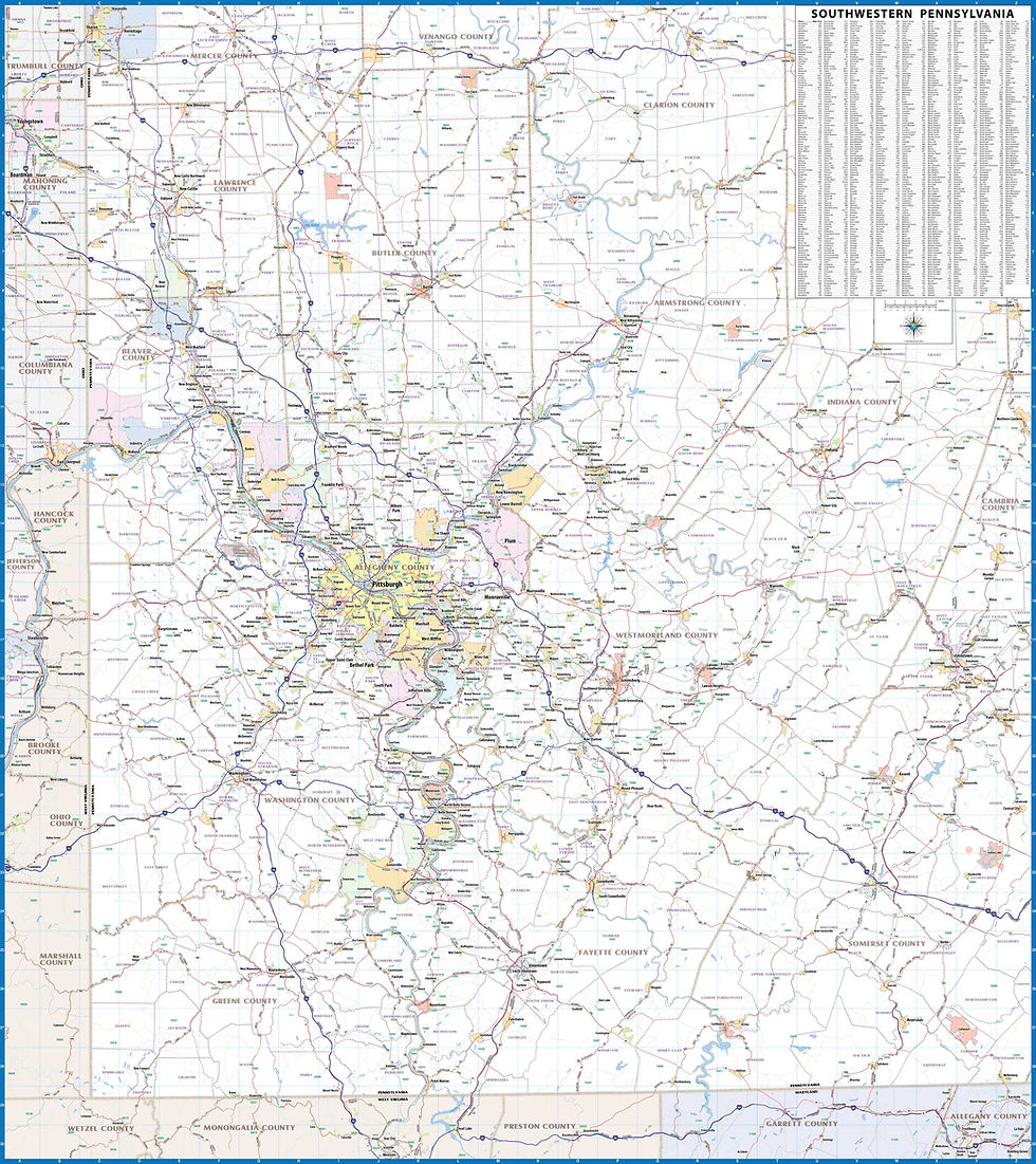 Pittsburgh and Southwest PA Laminated Wall Map | topographics