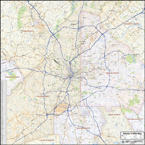 Atlanta 15 Mile Laminated Wall Map | topographics