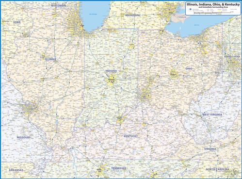 Illinois, Indiana, Ohio, & Kentucky Regional Laminated Wall Map ...