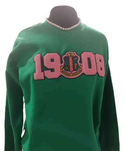 Green Chenille Patch Embroidered AKA Sweatshirt | dblgreekaccessories