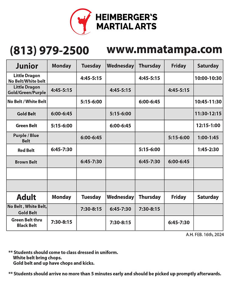 Kids and Adult Class Schedule | Heimberger's MMA