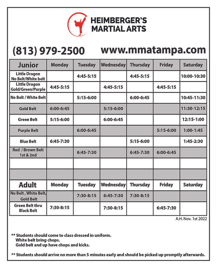 Kids and Adult Class Schedule | Heimberger's MMA